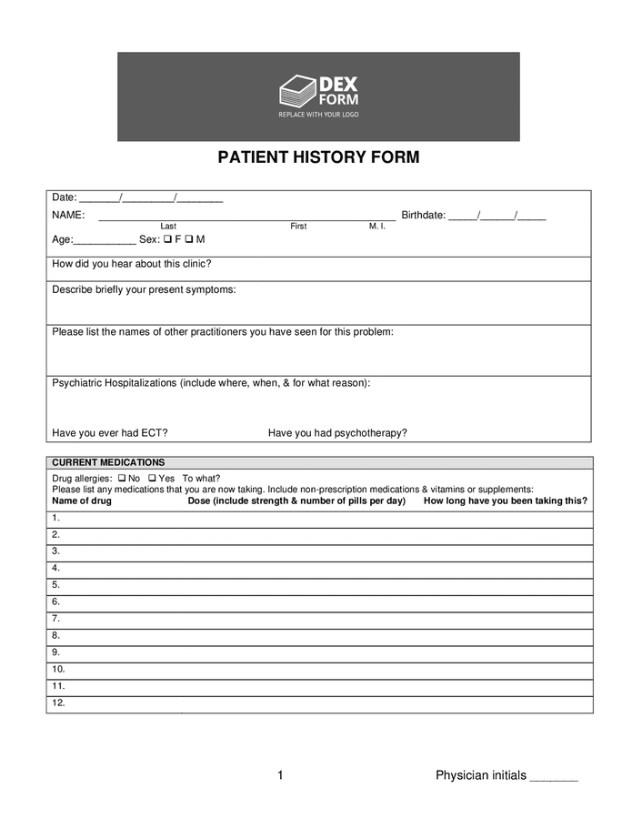 Patient history form in Word and Pdf formats