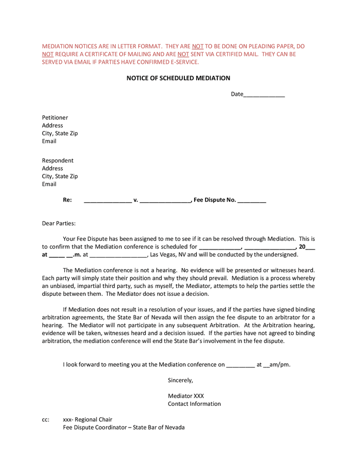 Notice of scheduled mediation (Nevada) in Word and Pdf formats
