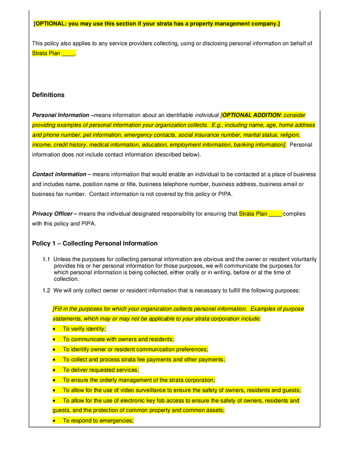 Personal Information Protection Policy Template In Word And Pdf Formats