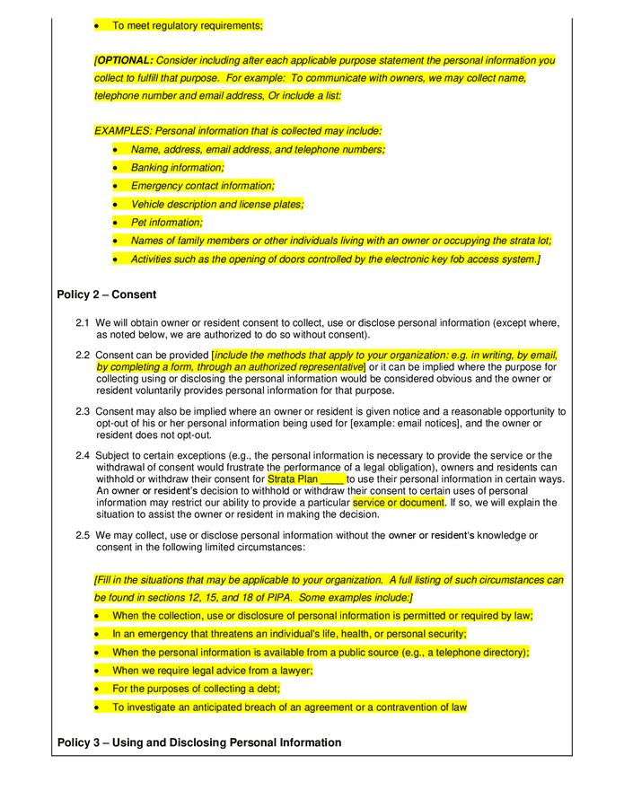 Personal information protection policy template in Word and Pdf formats ...