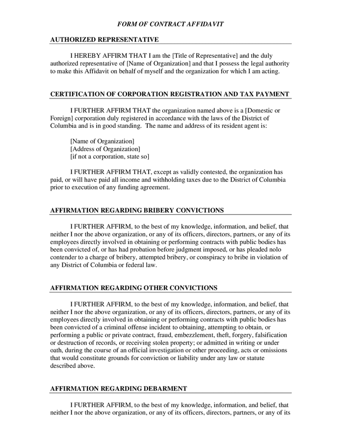 Form of contract affidavit in Word and Pdf formats