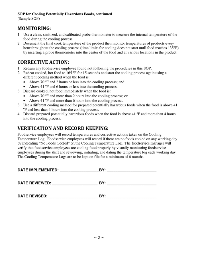 SOP for cooling potentially hazardous foods in Word and Pdf formats ...