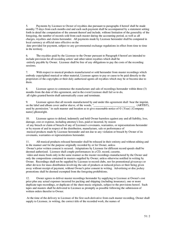 Merchandise licensing contract sample in Word and Pdf formats - page 2 of 5