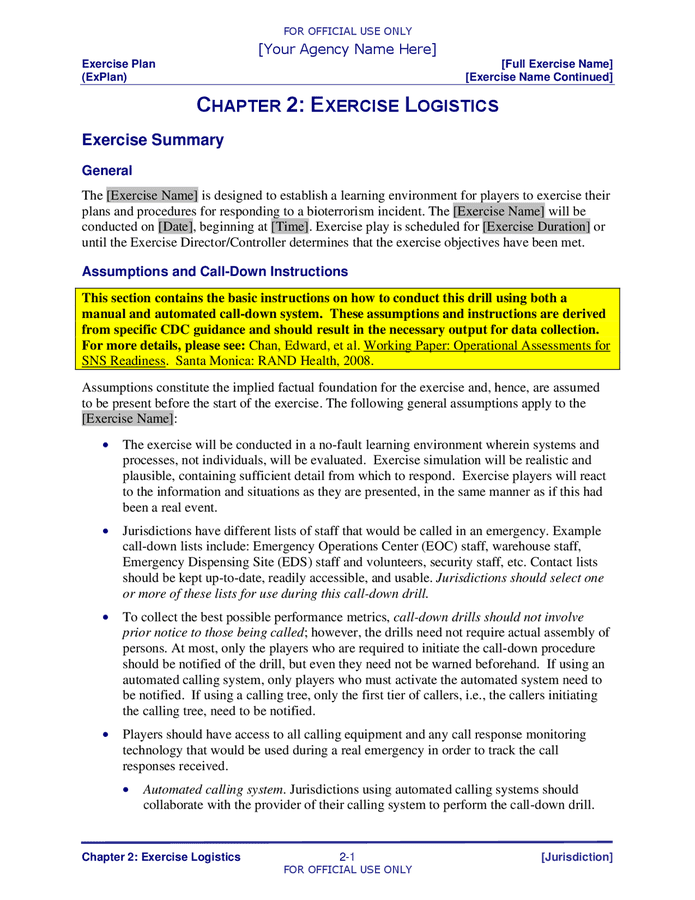 Staff call-down drill exercise plan template in Word and Pdf formats ...