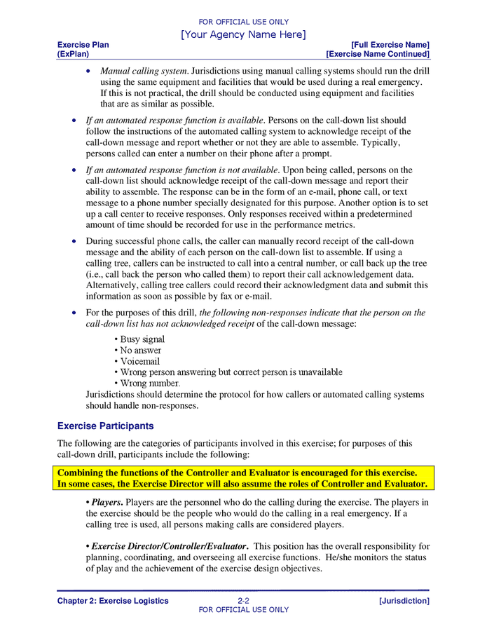 Staff call-down drill exercise plan template in Word and Pdf formats ...