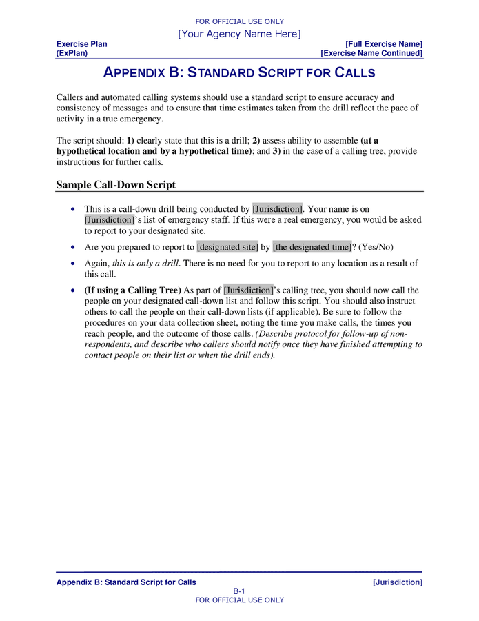 Staff call-down drill exercise plan template in Word and Pdf formats ...