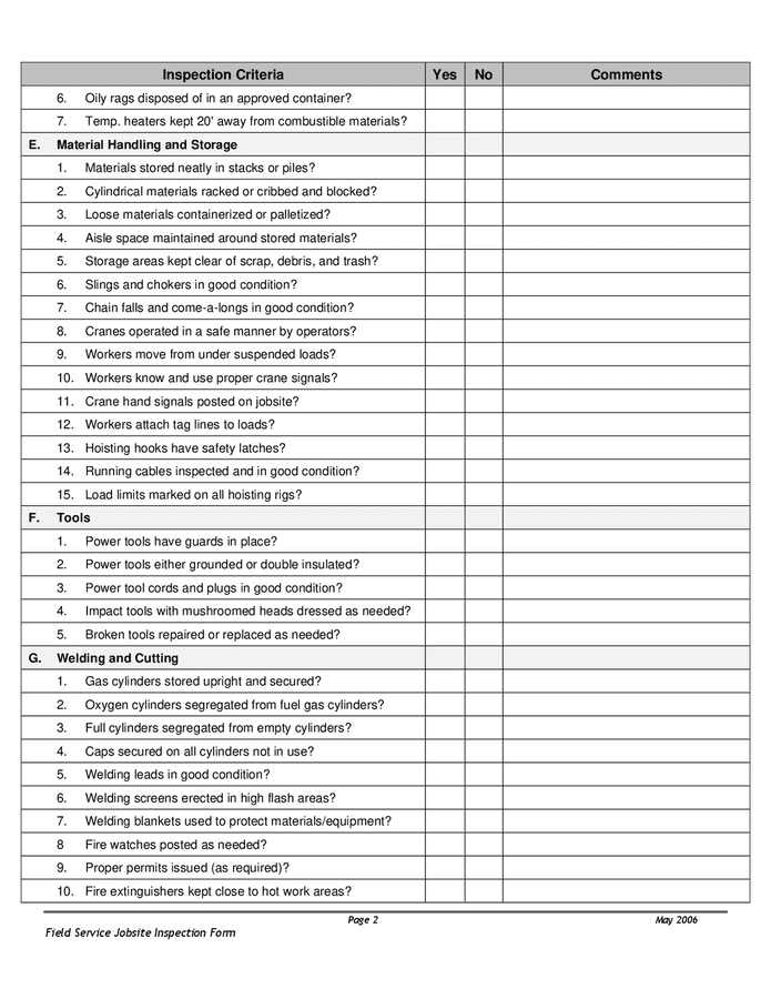 Field service jobsite inspection form in Word and Pdf formats - page 2 of 4