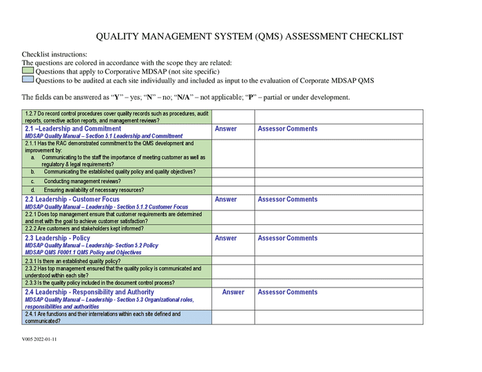 Quality management system (QMS) assessment checklist in Word and Pdf ...