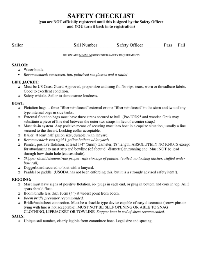Marine/sailor safety checklist in Word and Pdf formats