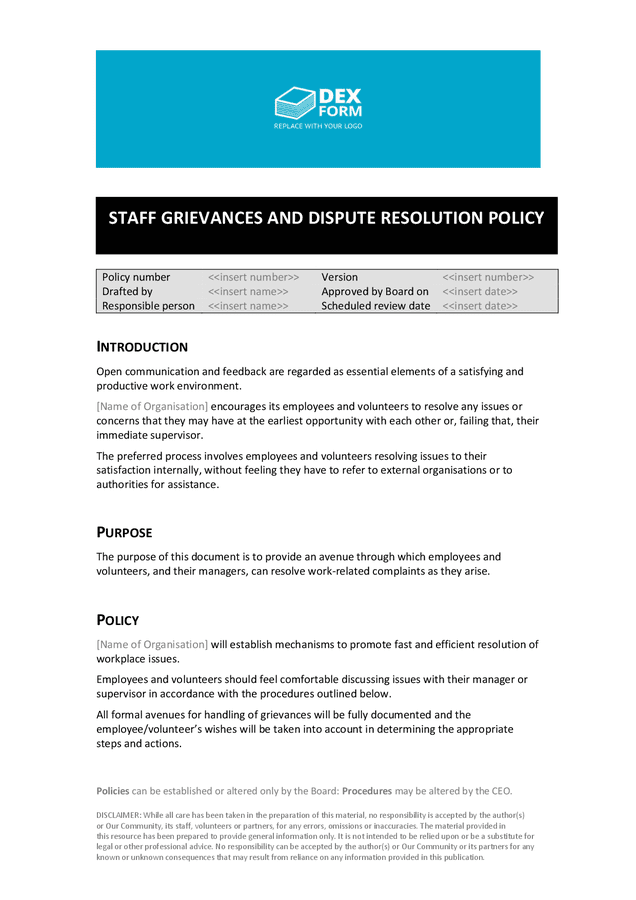 Staff grievances and dispute resolution policy in Word and Pdf formats