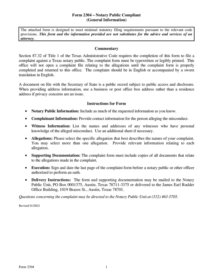 Form 2304 - notary public complaint (Texas) in Word and Pdf formats