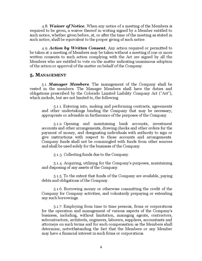 Operating agreement for LLC (Colorado) in Word and Pdf formats - page 6 ...