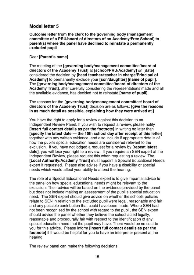 Model letters for school suspensions, permanent exclusions & reviews in ...