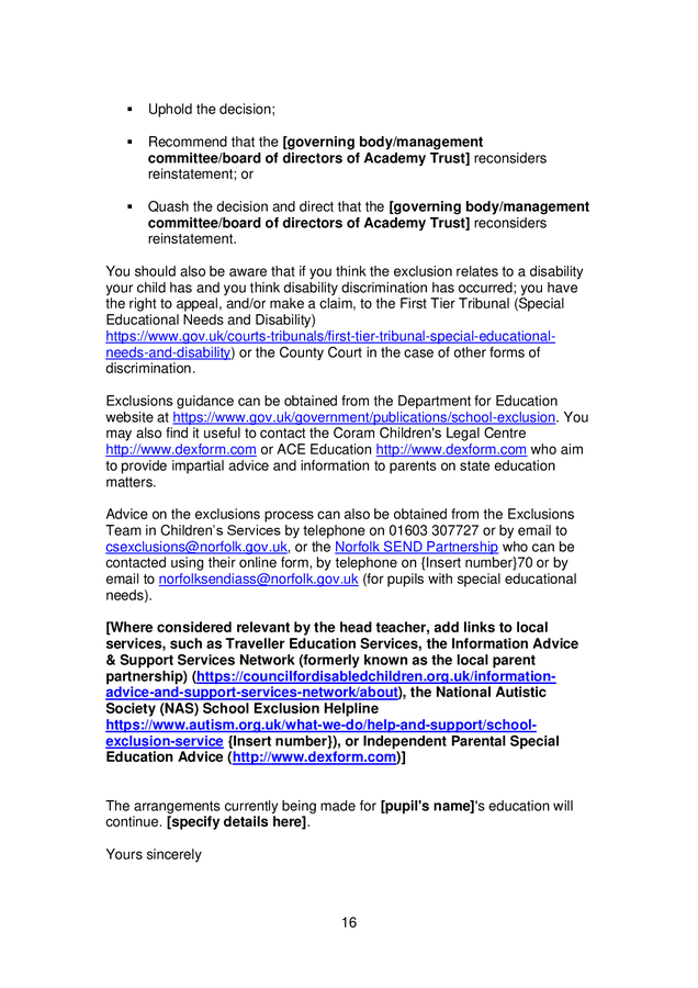 Model letters for school suspensions, permanent exclusions & reviews in ...