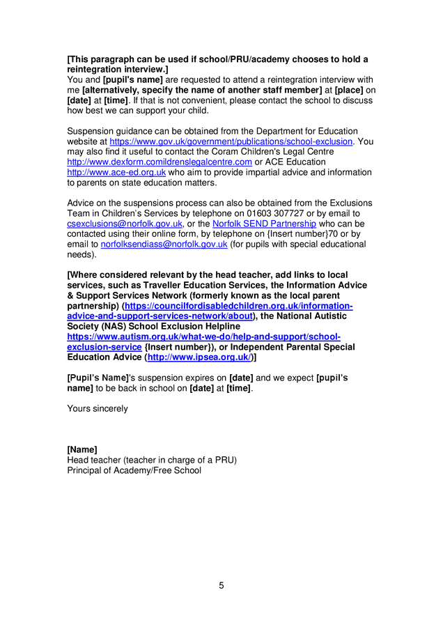Model letters for school suspensions, permanent exclusions & reviews in ...