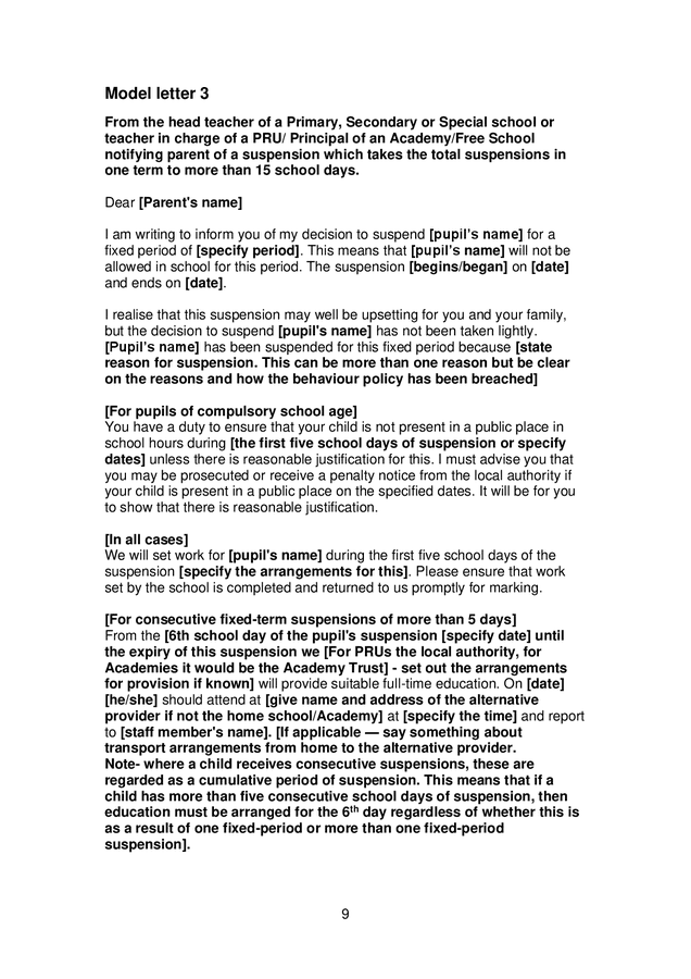 Model letters for school suspensions, permanent exclusions & reviews in ...