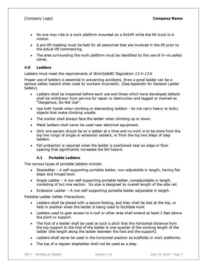 Working at heights safety standard in Word and Pdf formats - page 7 of 12