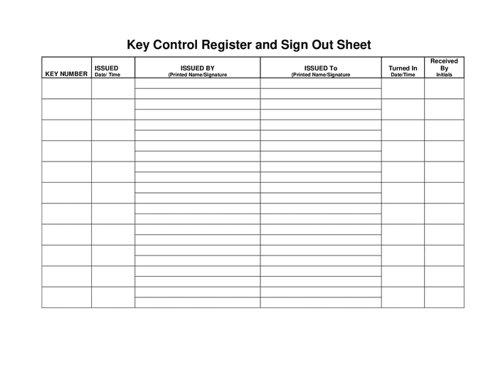 Key control register and sign out sheet in Word and Pdf formats - page ...