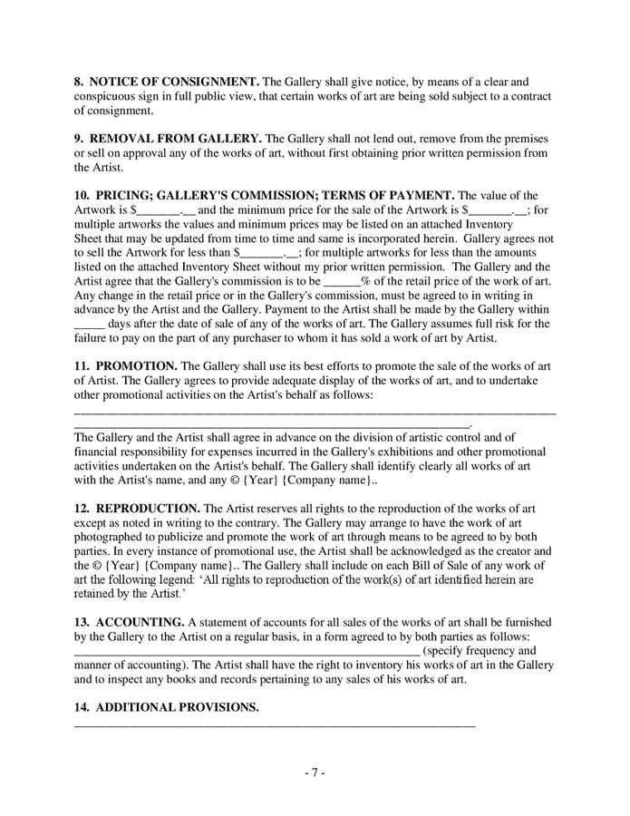 Model art consignment agreement in Word and Pdf formats - page 2 of 3
