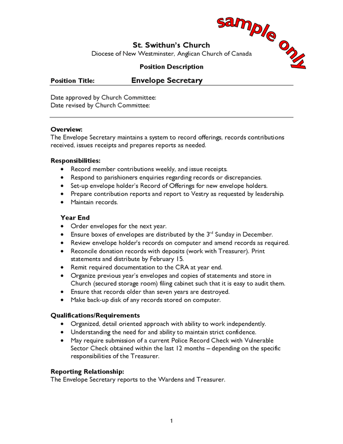 Envelope secretary sample position (Church) in Word and Pdf formats