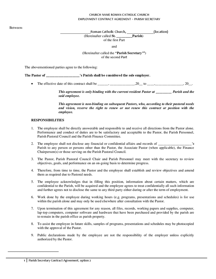 Parish secretary contract agreement - church in Word and Pdf formats