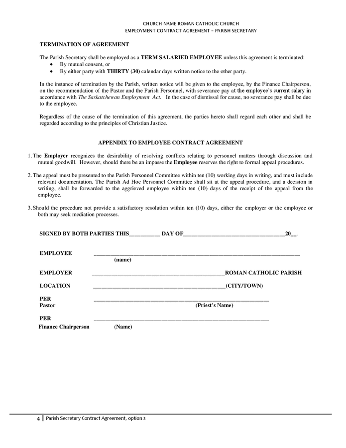 Parish secretary contract agreement - church in Word and Pdf formats ...