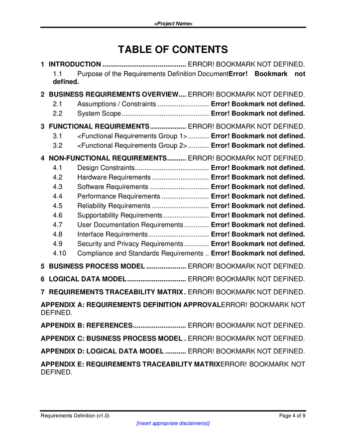 Project requirements definition template in Word and Pdf formats - page ...