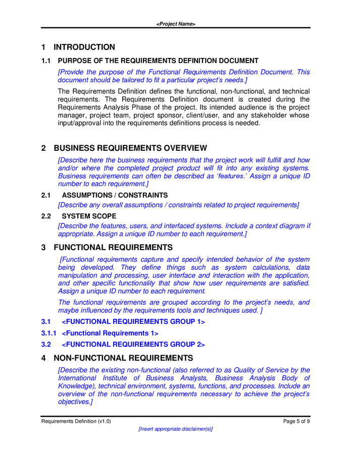 Project requirements definition template in Word and Pdf formats - page ...
