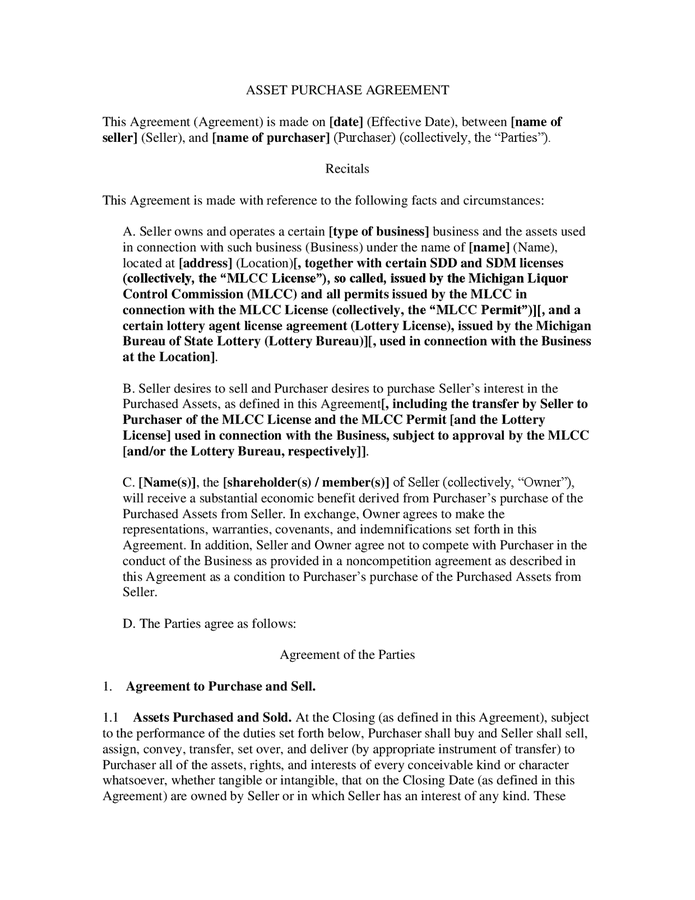 Asset purchase agreement in Word and Pdf formats