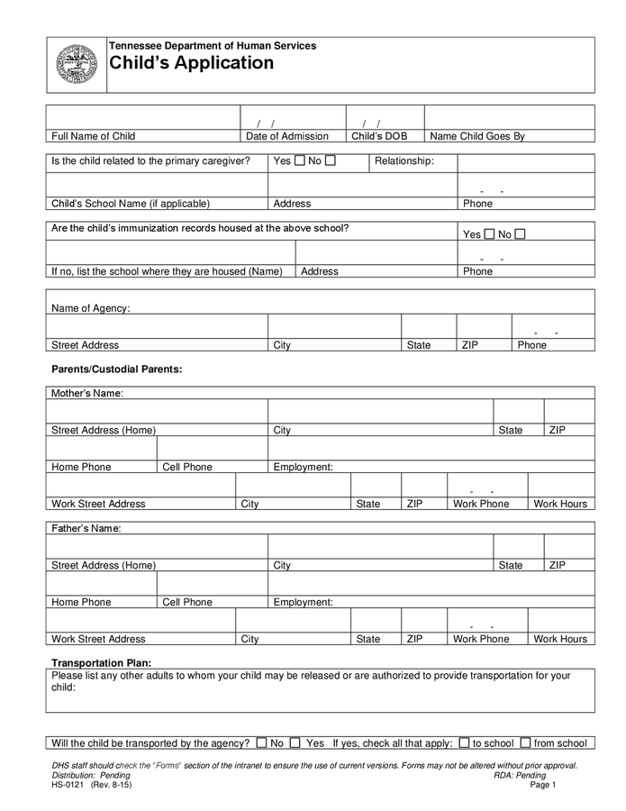 Child's application form (Tennessee) in Word and Pdf formats