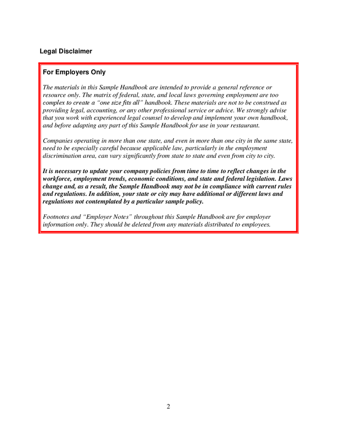 Restaurant employee handbook template in Word and Pdf formats - page 2 ...