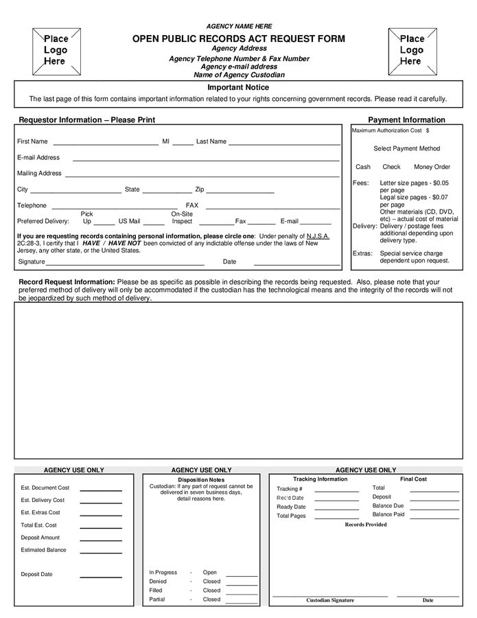 Open public records act request form in Word and Pdf formats