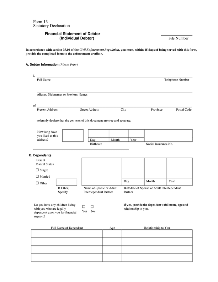 Financial statement of debtor (Canada) in Word and Pdf formats