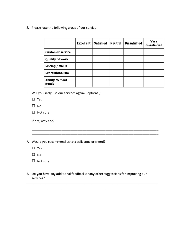 Customer satisfaction survey template in Word and Pdf formats - page 2 of 3