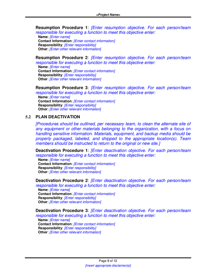 Project contingency plan template in Word and Pdf formats - page 8 of 12