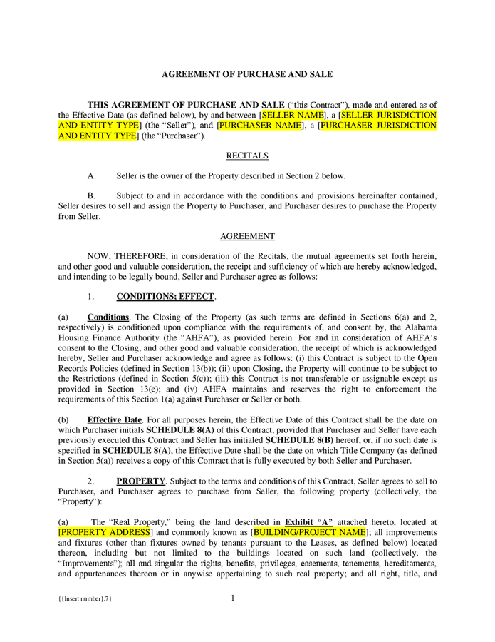 Agreement of purchase and sale (Alabama) in Word and Pdf formats