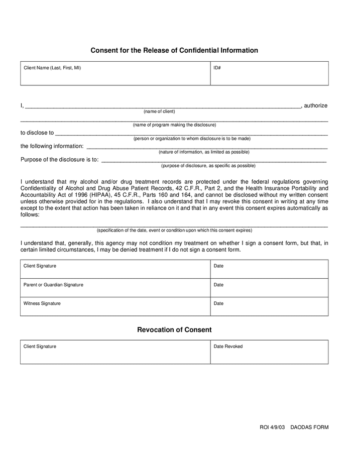 Consent for the release of confidential information in Word and Pdf formats