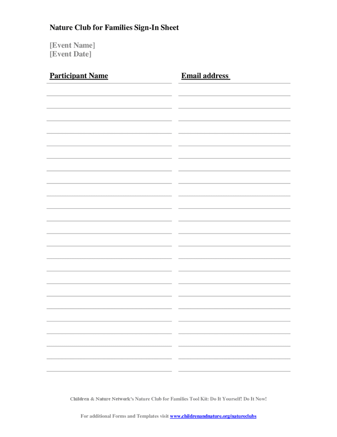 Nature club for families sign-in sheet in Word and Pdf formats