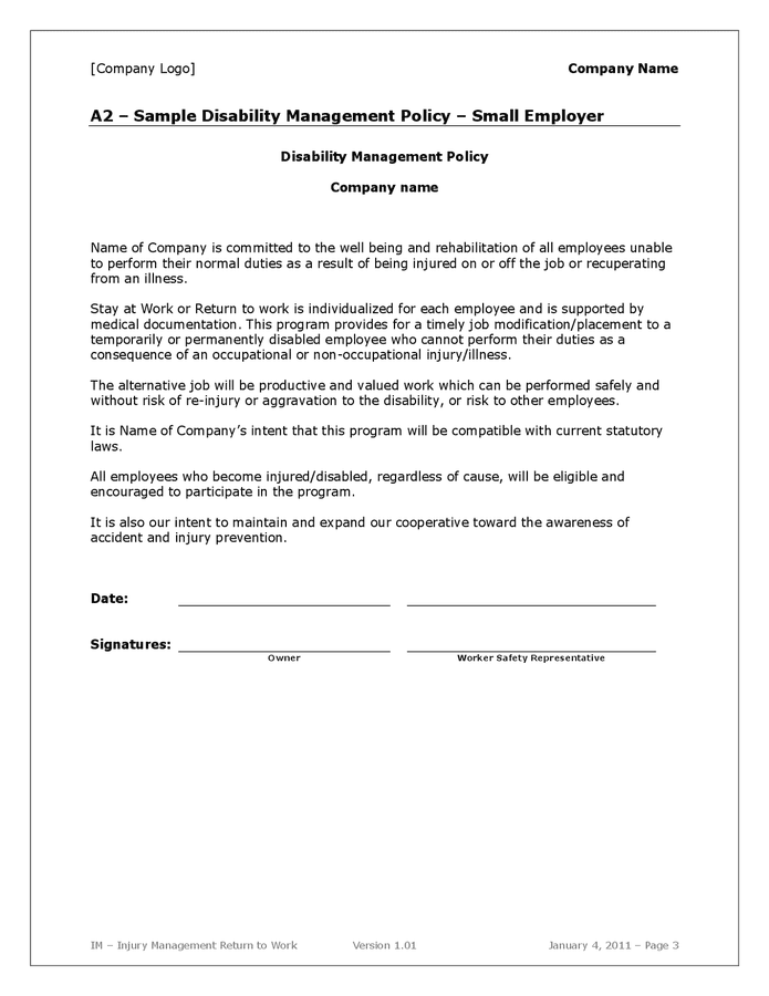 Sample disability management policy in Word and Pdf formats - page 3 of 18