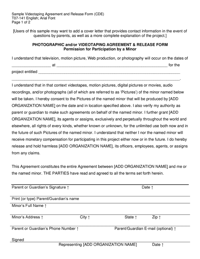 Sample videotaping agreement and release form - participation by a ...