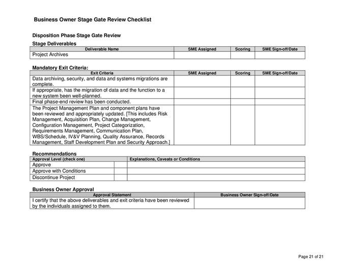 Business owner gate review checklist template in Word and Pdf formats ...