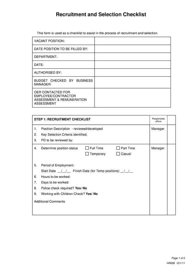 Recruitment and selection checklist in Word and Pdf formats