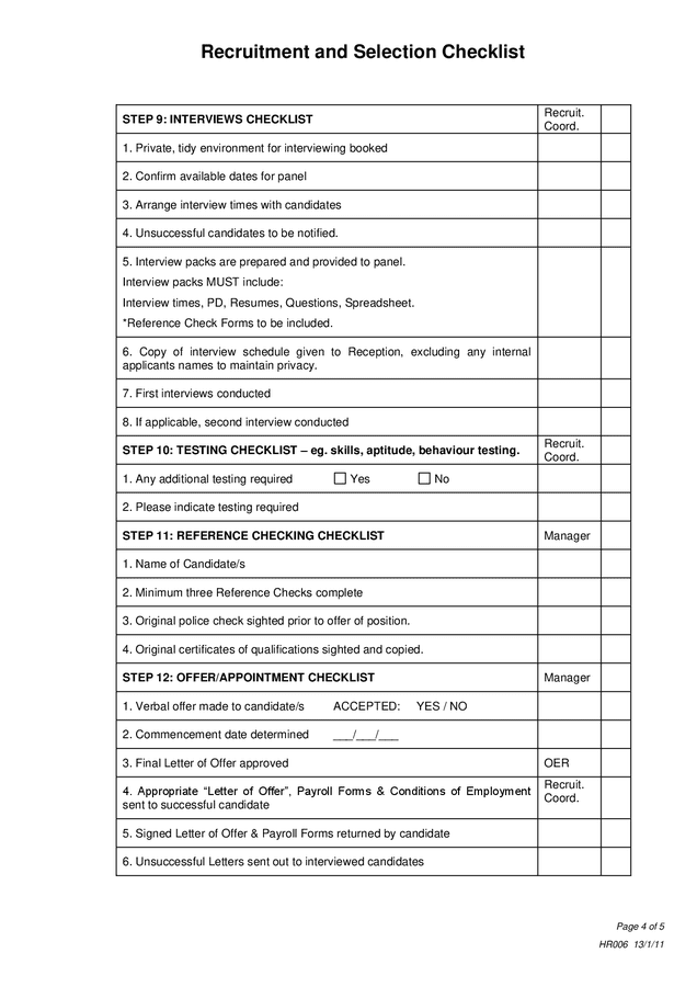Recruitment and selection checklist in Word and Pdf formats - page 4 of 5