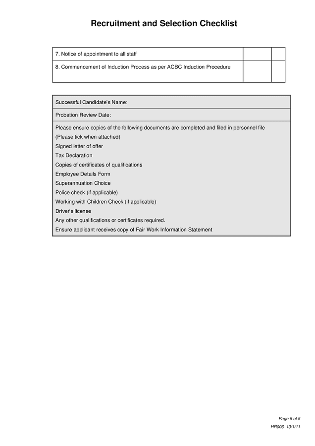 Recruitment and selection checklist in Word and Pdf formats - page 5 of 5