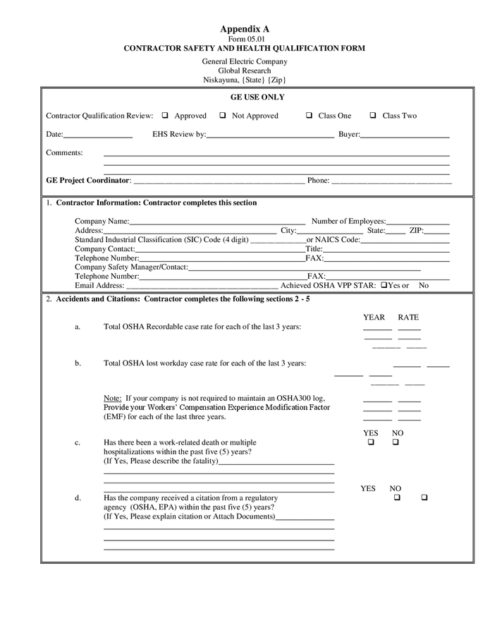 Contractor safety health qualification form (New York) in Word and Pdf ...