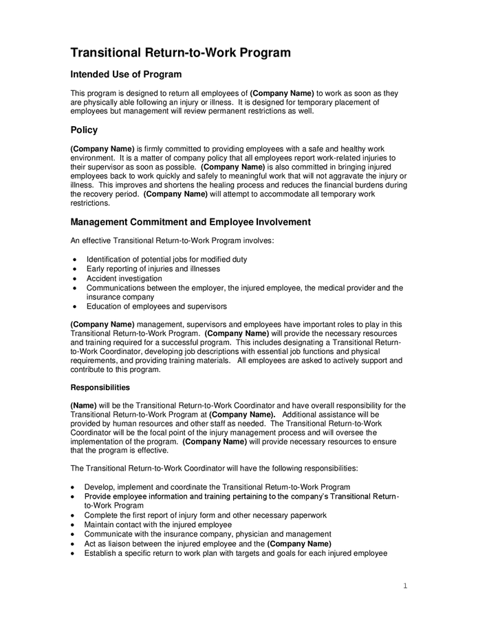 Transitional Return to work Program Template In Word And Pdf Formats