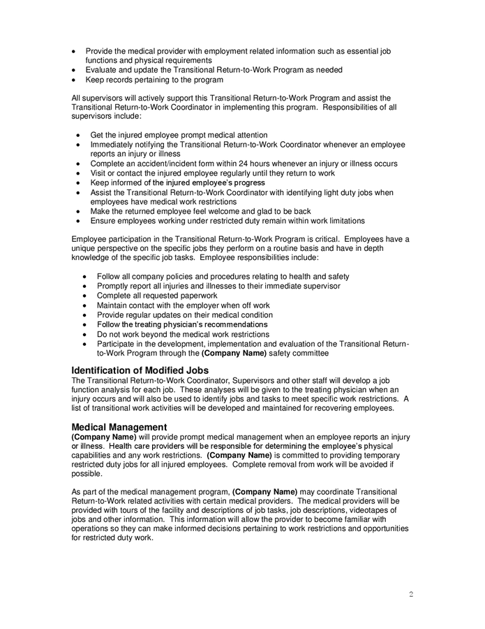 Transitional Return to work Program Template In Word And Pdf Formats 