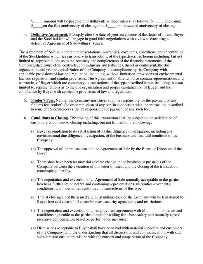 Sample letter of intent - stock purchase in Word and Pdf formats - page ...