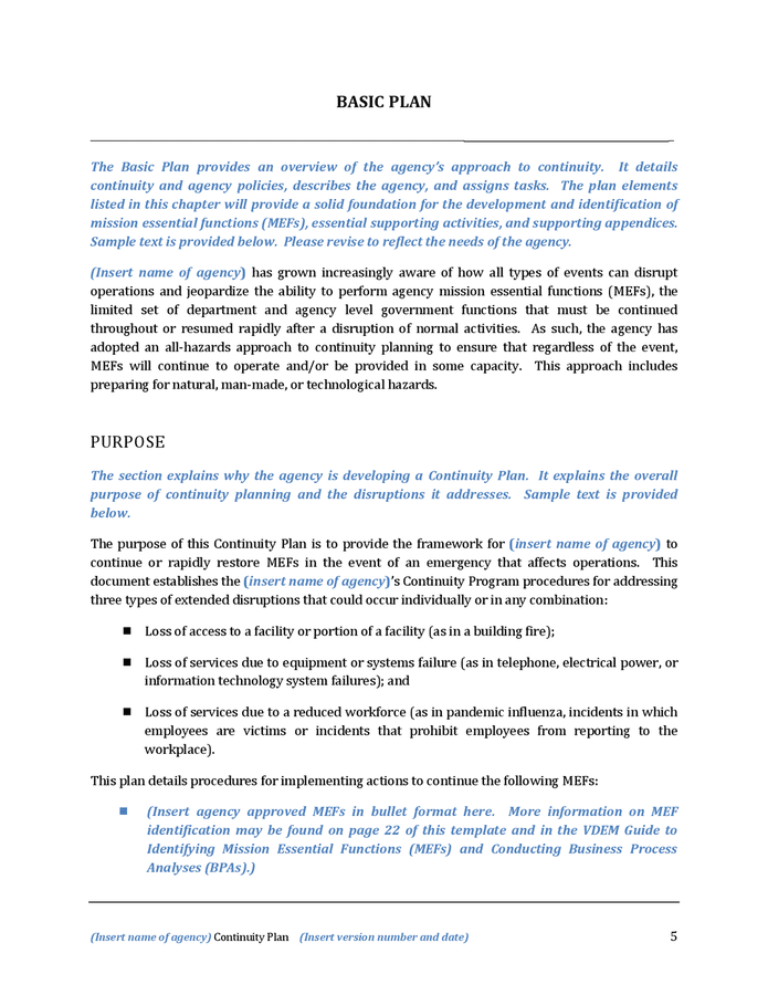 Continuity plan template for institutions of higher education in Word ...