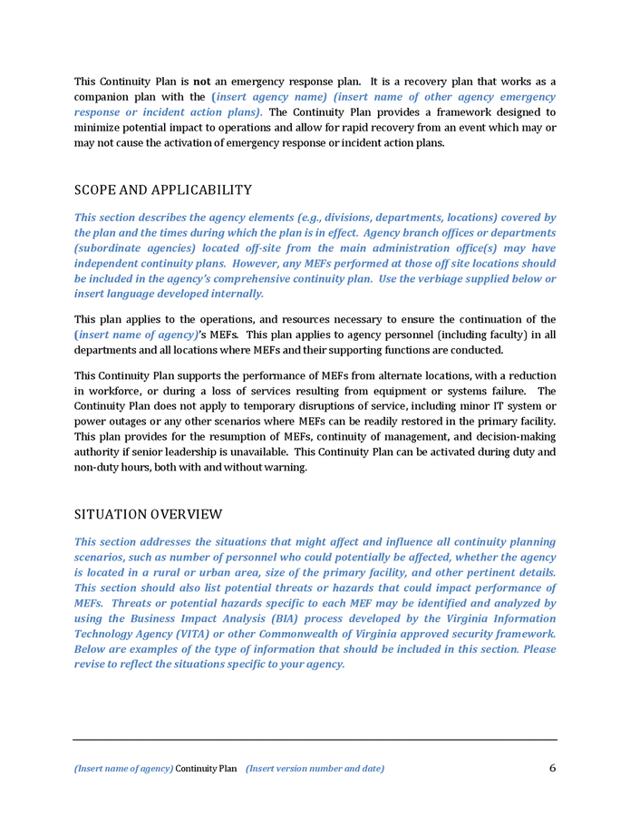 Continuity plan template for institutions of higher education in Word ...